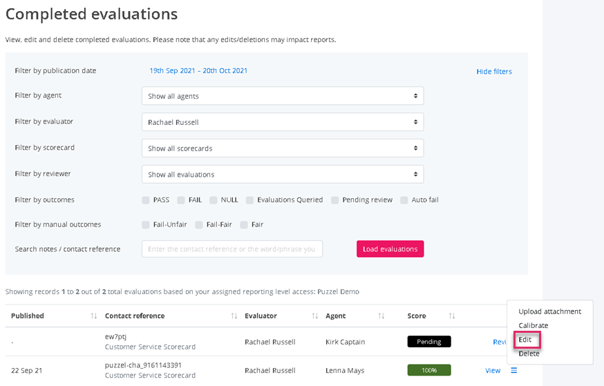 Editing an evaluation | Puzzel Help Centre
